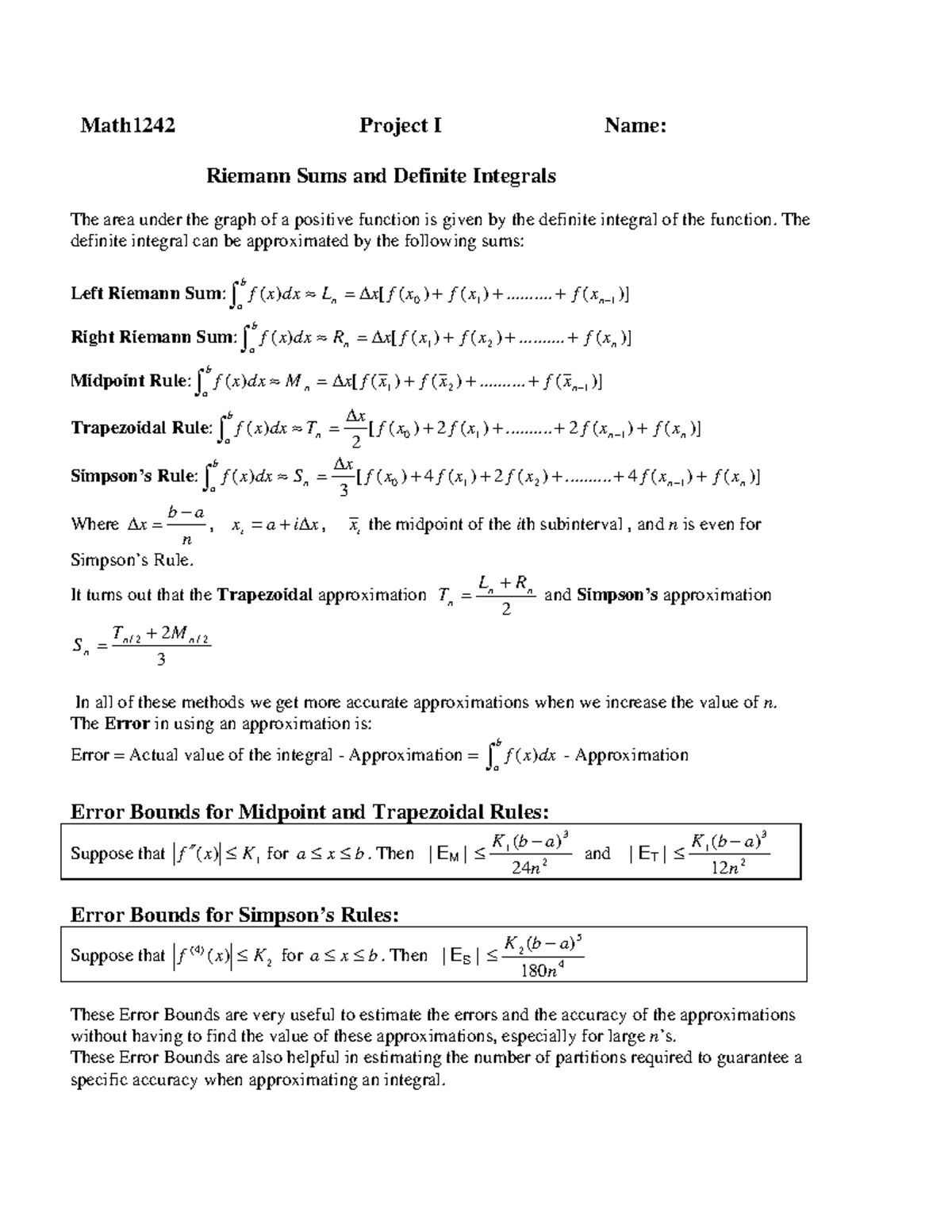 Math 1242 Project 1 83 and 84 - Math1242 Project I Name: Riemann Sums and Definite Integrals The ...