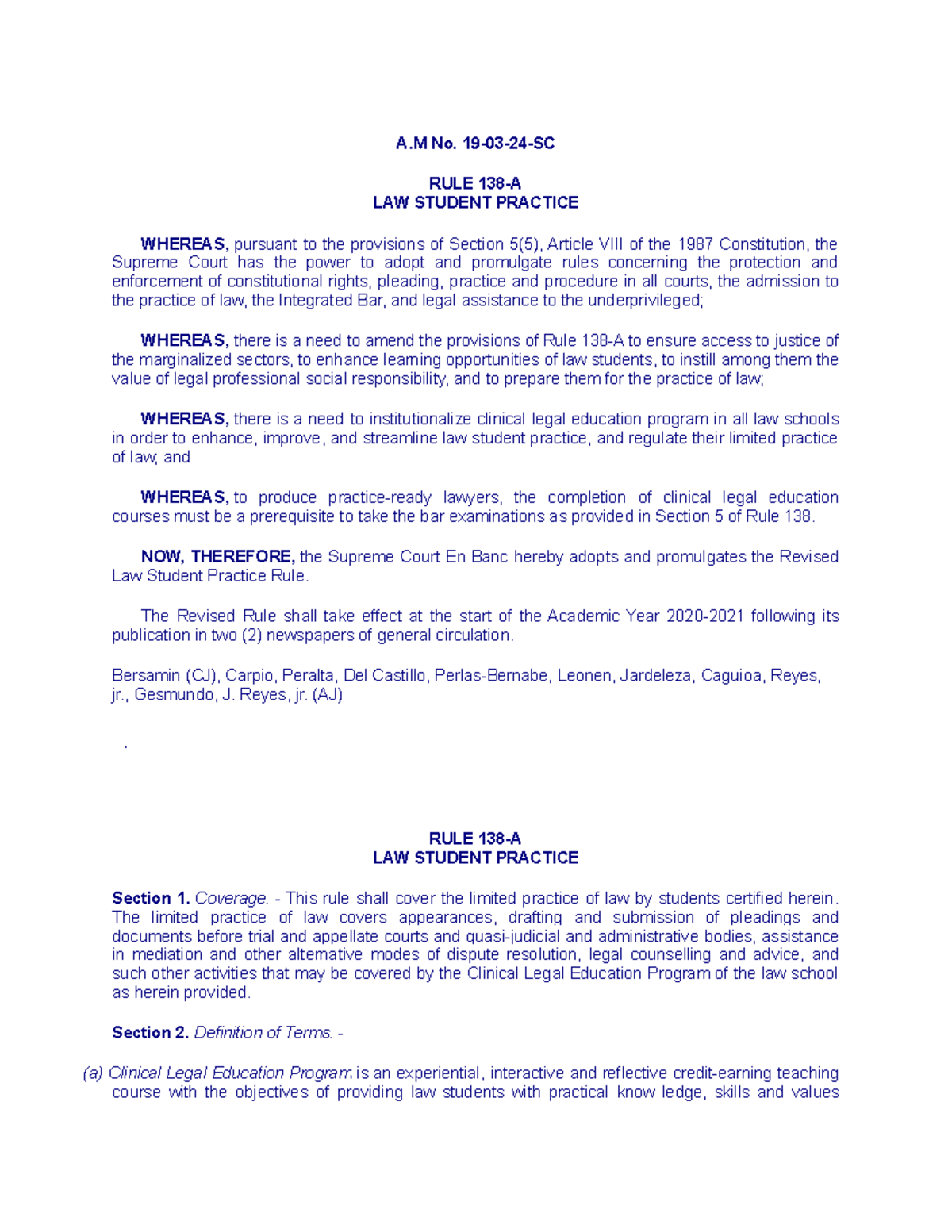 RULE 138-A - microsoft word - A No. 19-03-24-SC RULE 138-A LAW STUDENT ...