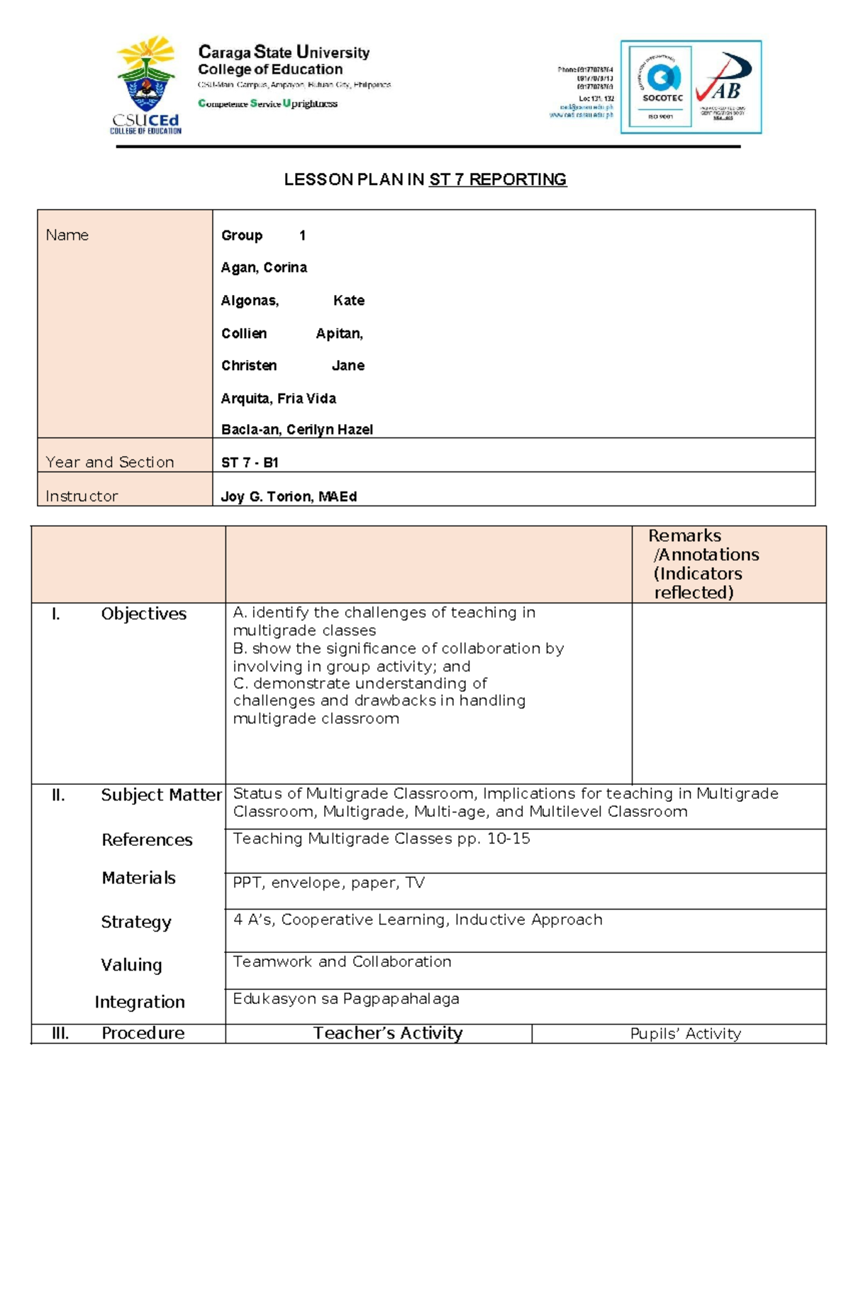 Lesson Plan ST 7 Group 1 - IDK - LESSON PLAN IN ST 7 REPORTING Name ...