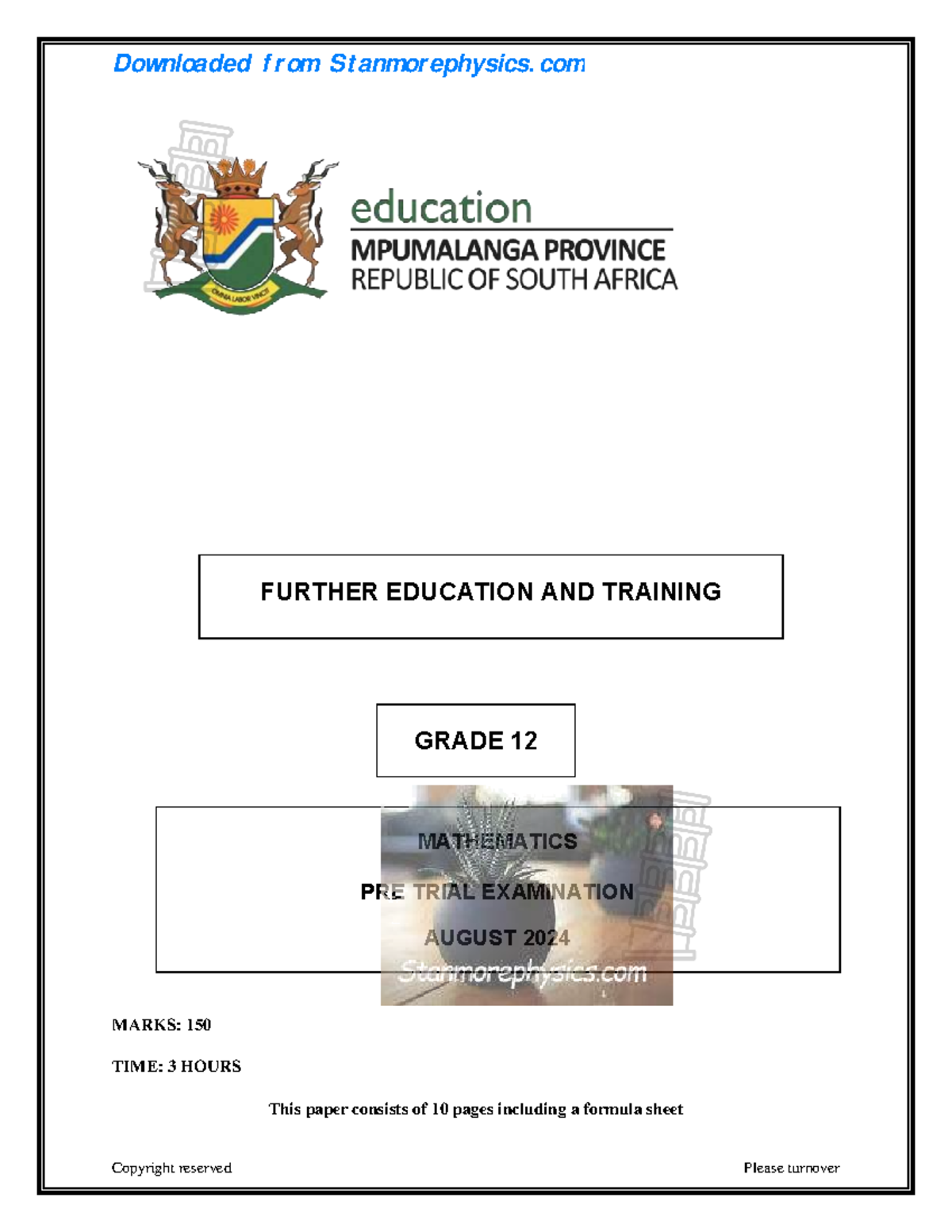 MP Maths Grade 12 Pre Trial 2024 P1 only - MATHEMATICS PRE TRIAL ...