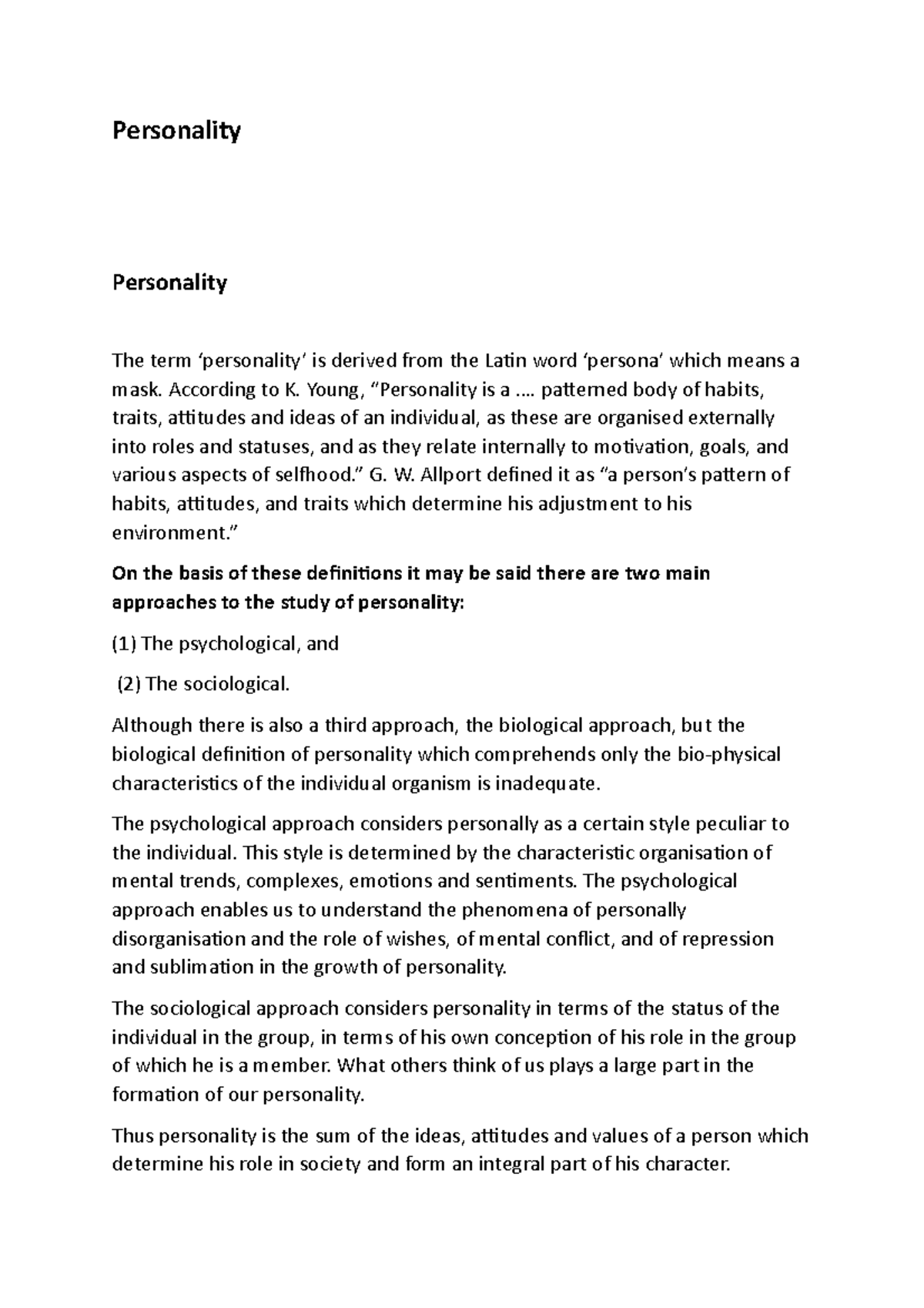 Personality: Trait and type approaches - Personality Personality The ...