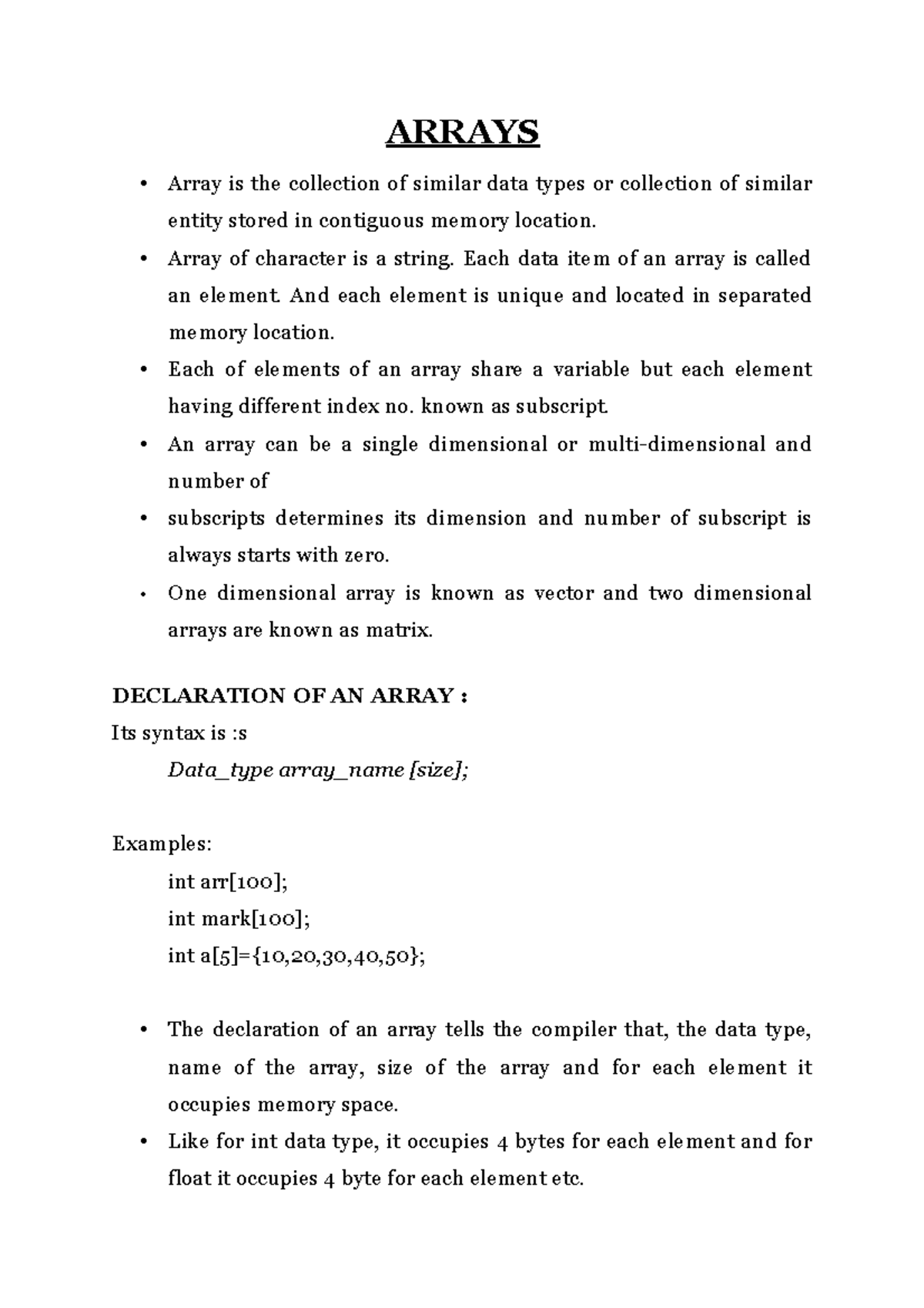 Arrays Arrays Array Is The Collection Of Similar Data Types Or Collection Of Similar Entity