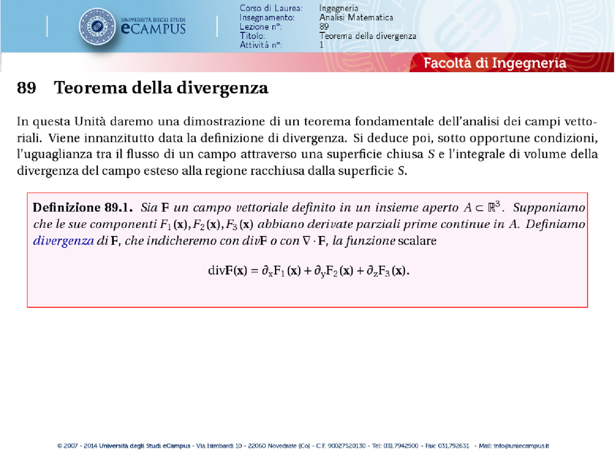 L.88- Teorema Della Divergenza - Corso di Laurea: Insegnamento: Lezione n° : Titolo: Attività n ...