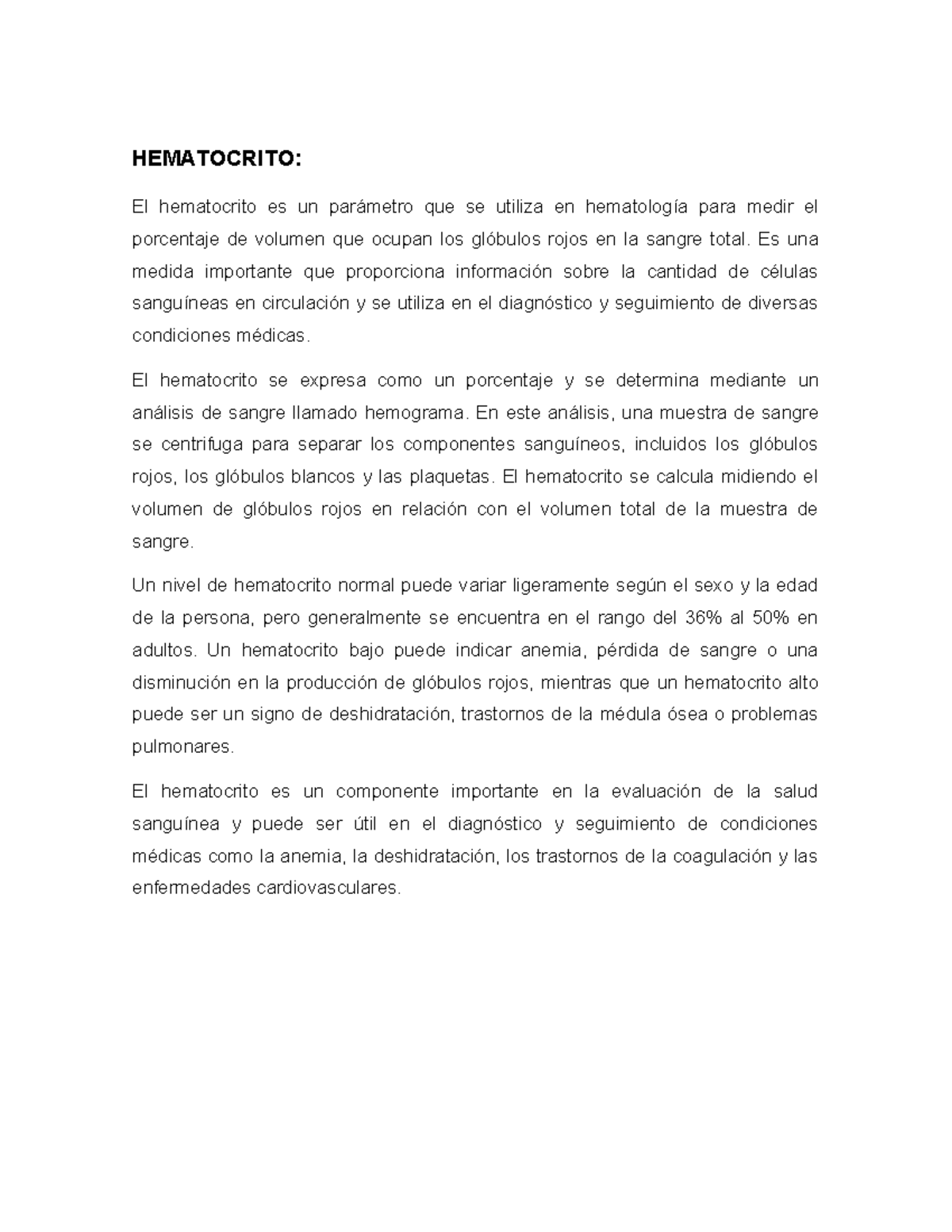 H Ematocrito - Espero te sirva - HEMATOCRITO: El hematocrito es un ...