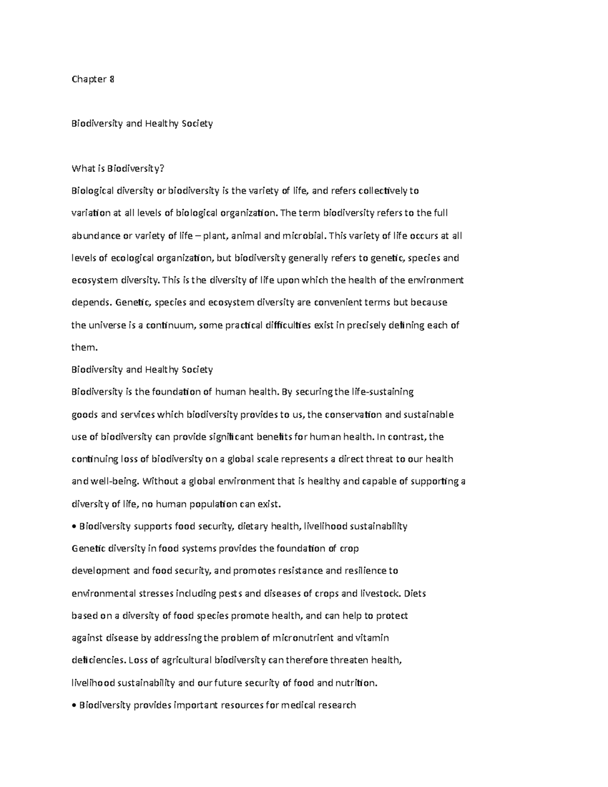 STS 18 - STS 18 notes - Chapter 8 Biodiversity and Healthy Society What ...