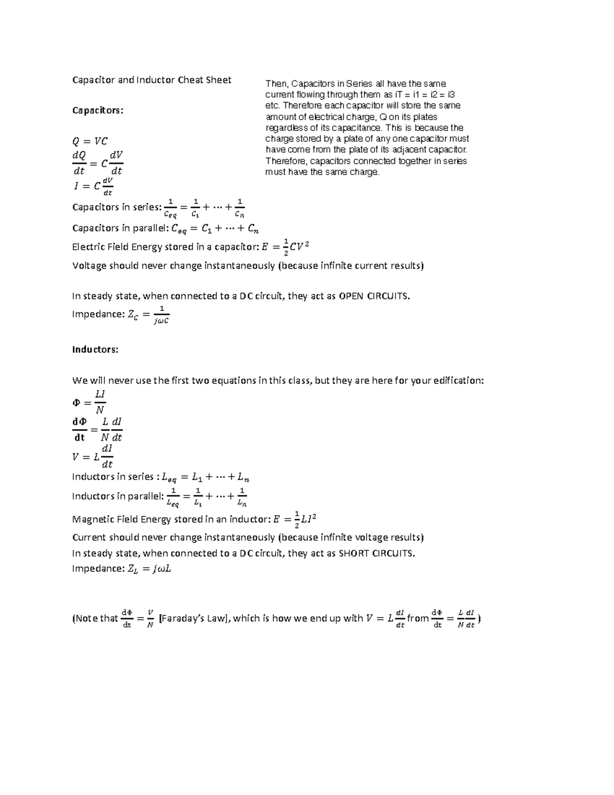 Capacitor And Inductor Cheat Sheet - Capacitor and Inductor Cheat Sheet ...
