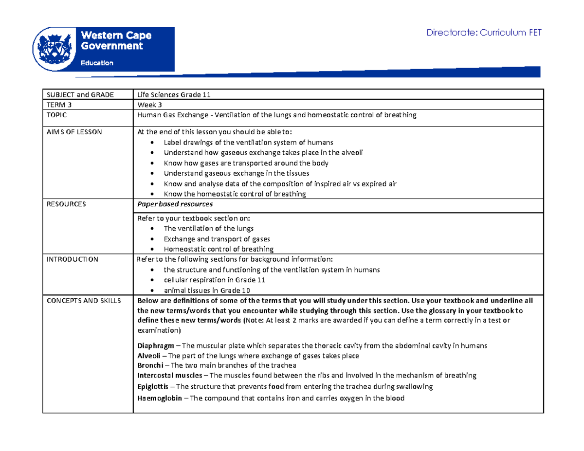 Life Sciences Grade 11 Term 3 Week 3 2020 Directorate Curriculum FET 