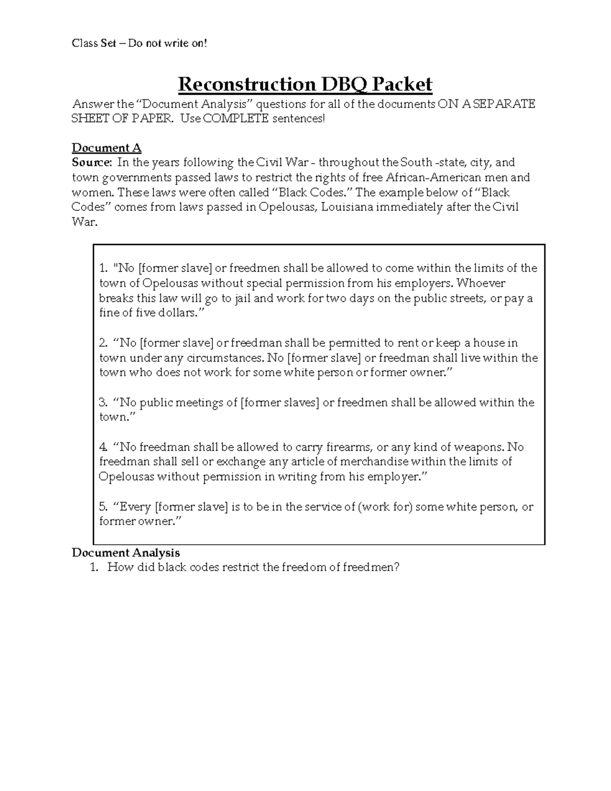 Reconstruction dbq packet - Reconstruction DBQ Packet Answer the ...