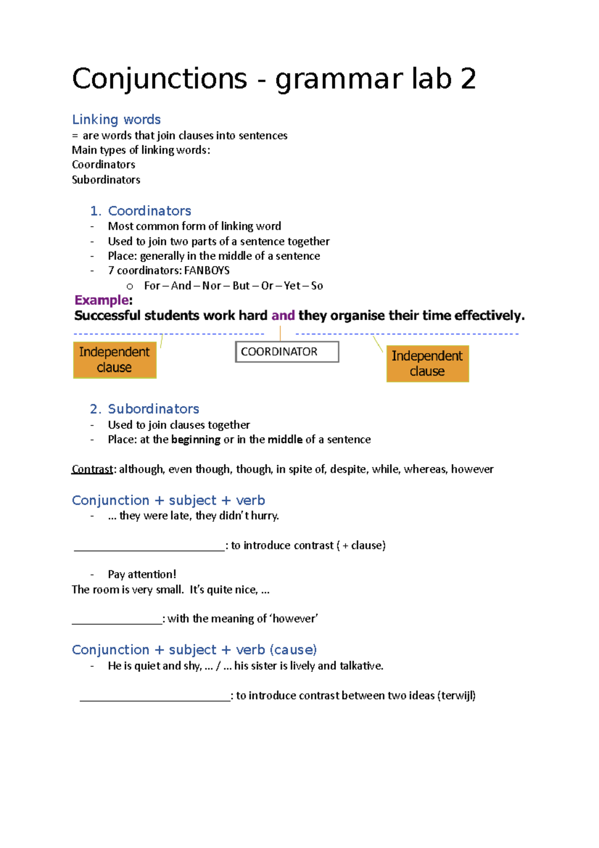 Conjunctions - Summary Engels - Conjunctions grammar lab 2 Linking ...