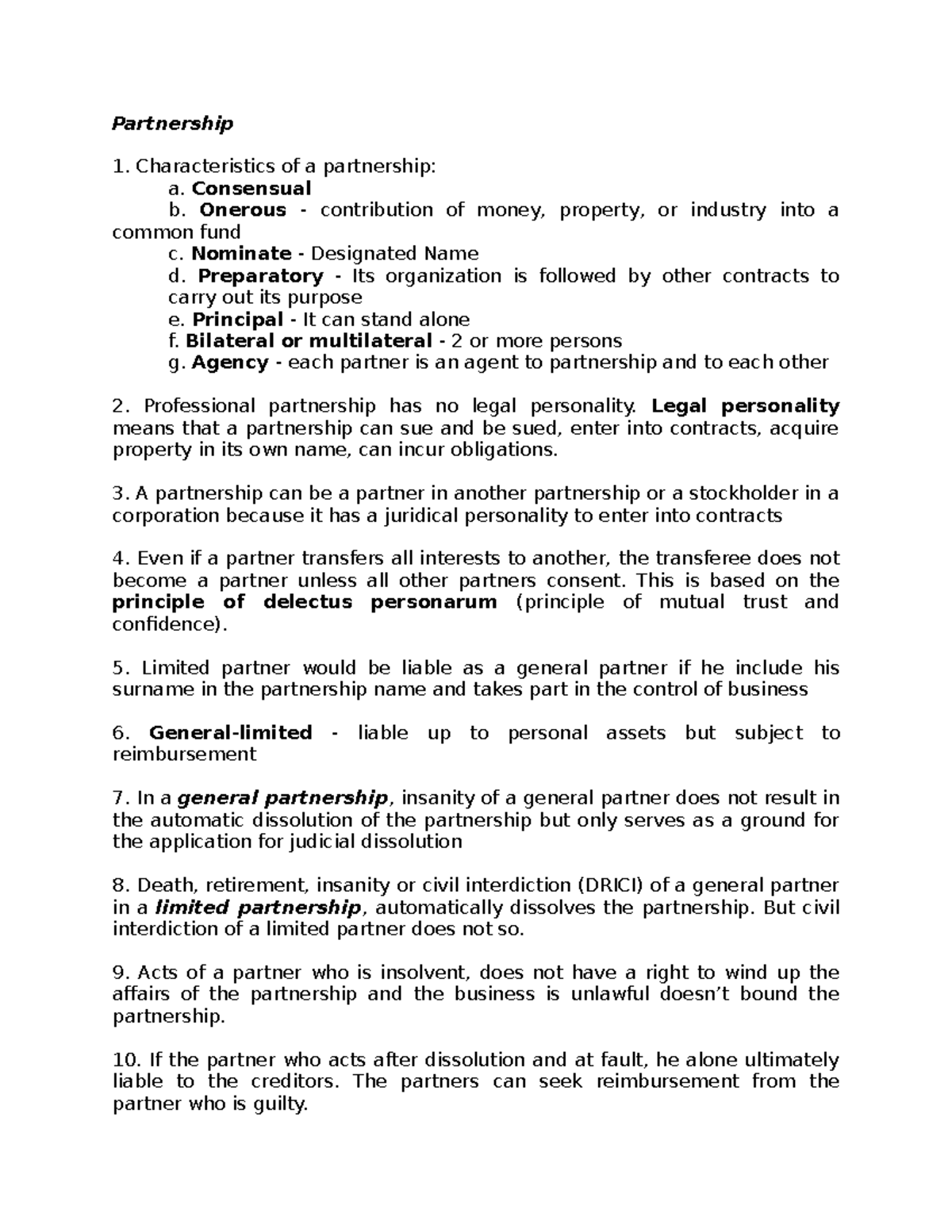 BUSINESS LAW PART 2 - Partnership Characteristics of a partnership: a ...