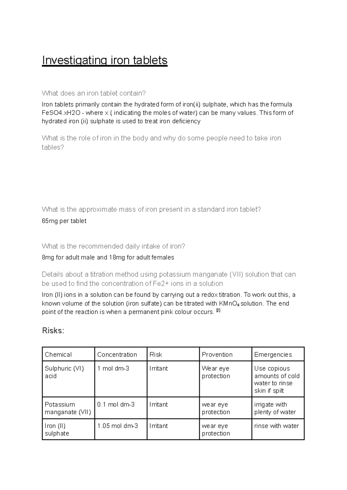 Analysis of Iron Tablets: Composition, Role, and Titration Methods ...