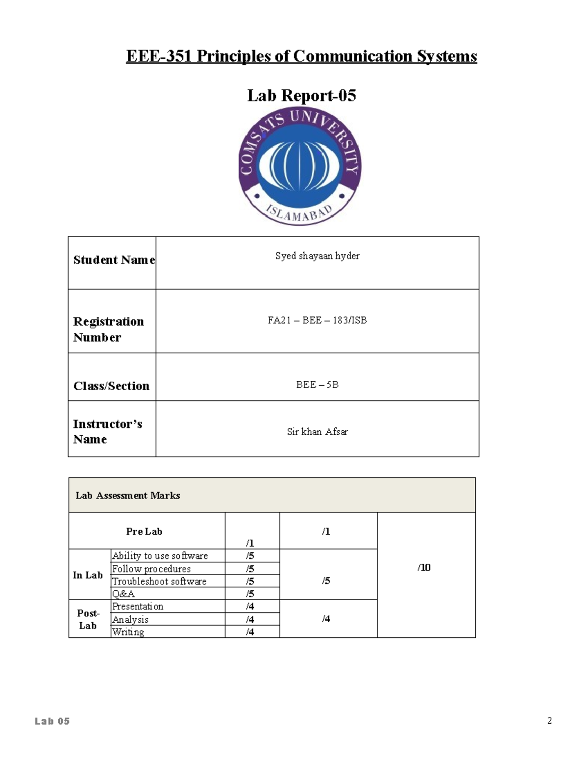 FA23 PCS Lab 5 - lab 5 - EEE-351 Principles of Communication Systems Lab Report- Student Name ...