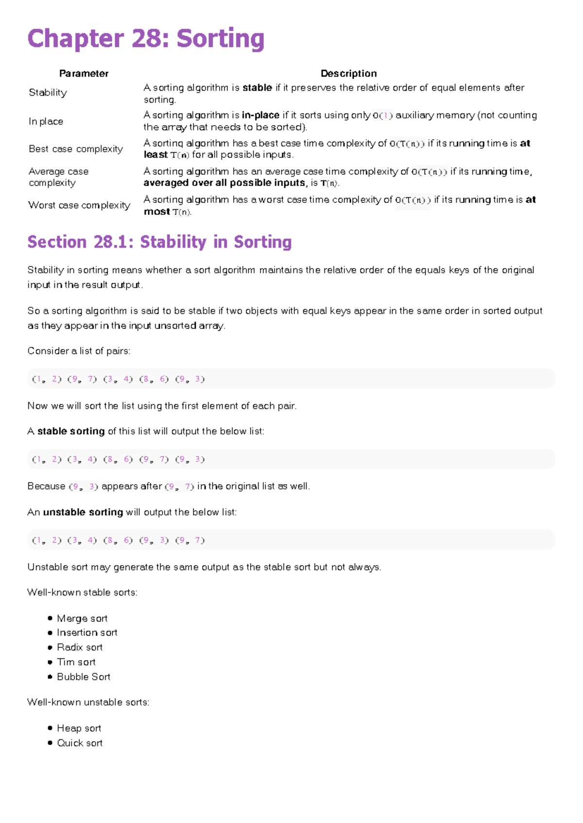 Algorithms 11 - sorting. most T(n). ( 1 , 2 ) ( 9 , 7 ) ( 3 , 4 ) ( 8 ...