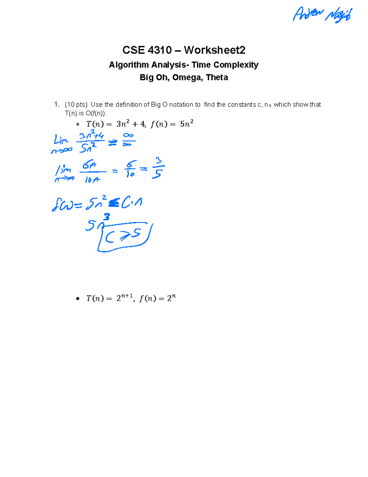 CSE 4310 - worksheet 2 - CSE 4310 – Worksheet Algorithm Analysis- Time Complexity Big Oh, Omega ...