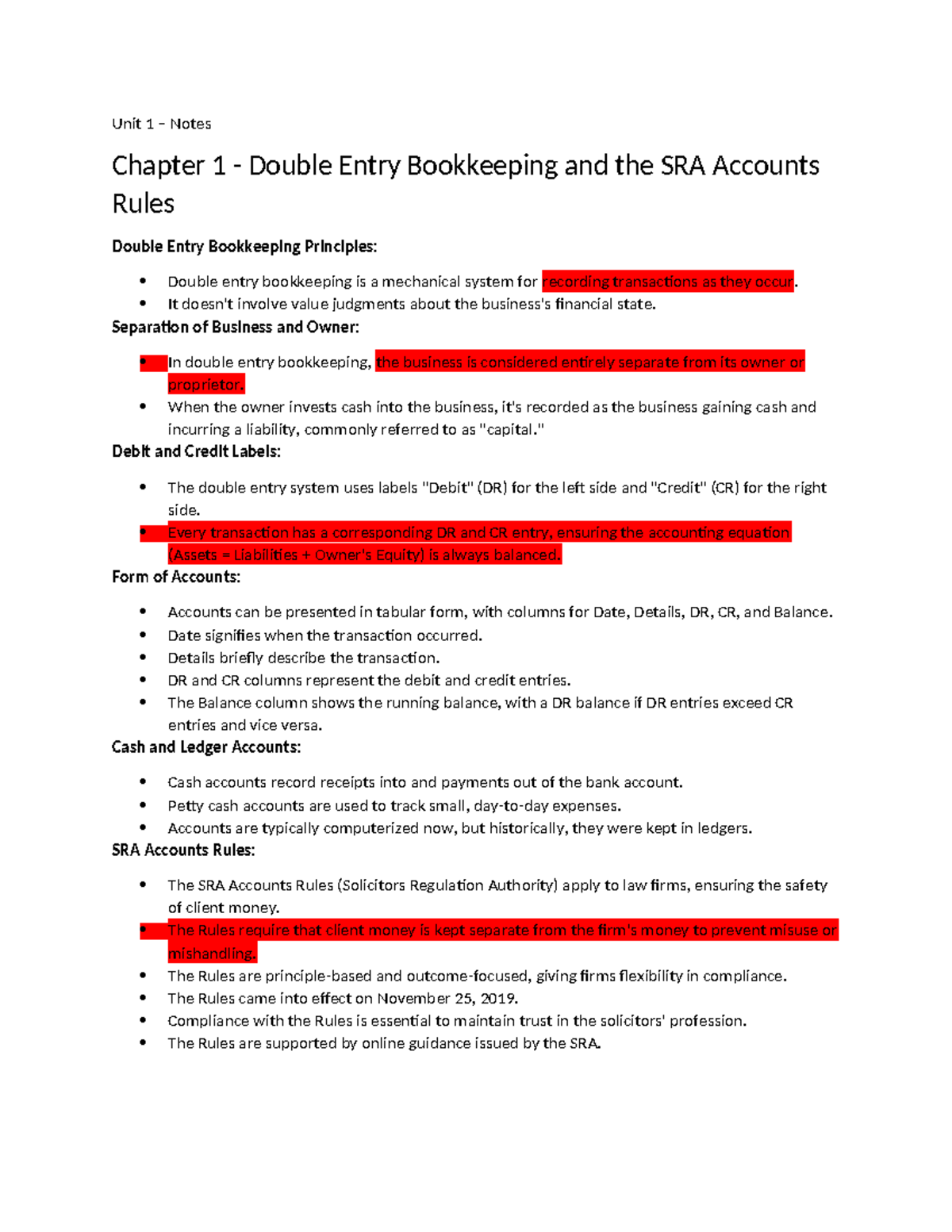 Unit 1 - Notes (SA) - Unit 1 – Notes Chapter 1 - Double Entry ...