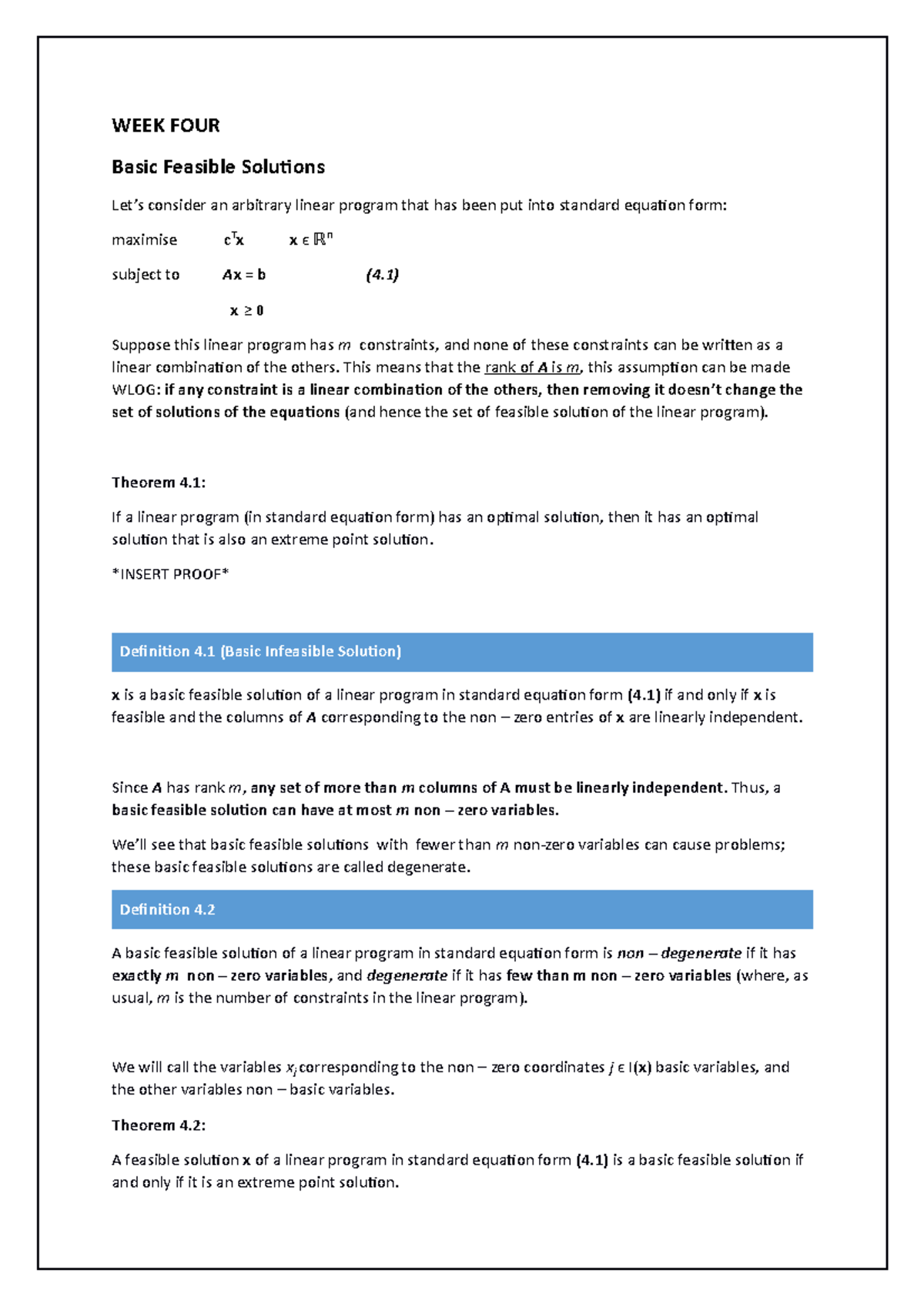Linear Programming Week 4 Notes - WEEK FOUR Basic Feasible Solutions ...
