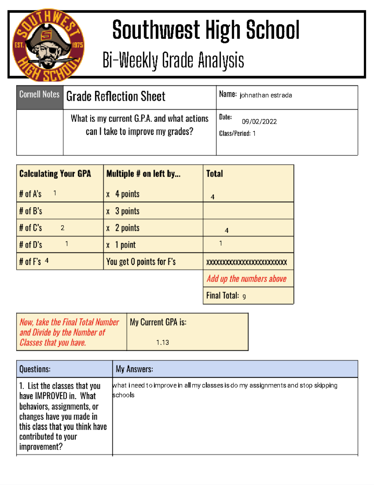 Johnathan Estrada Magana - AVID Grade Reflection Sheet - Google Docs ...