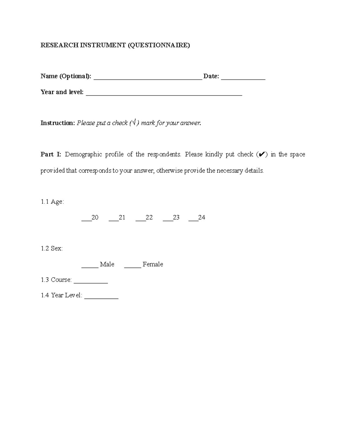 Research Instrument ( Questionnaire) - RESEARCH INSTRUMENT ...