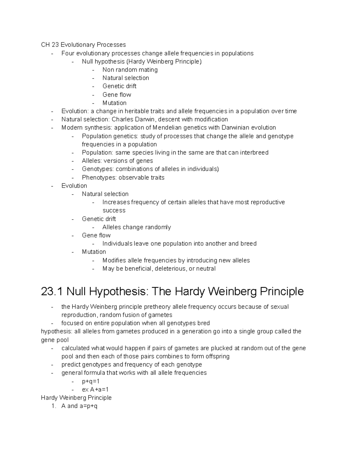 Biology 2 USF lecture notes - CH 23 Evolutionary Processes - Four ...