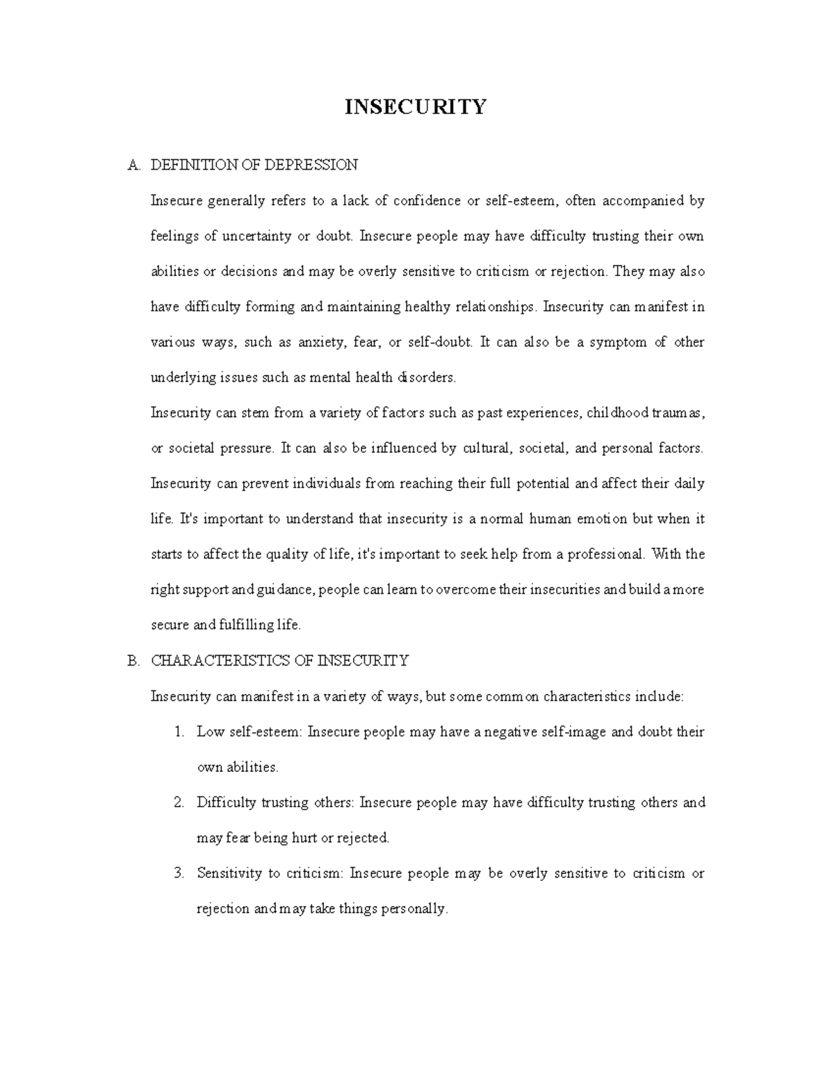 Insecurity - INSECURITY A. DEFINITION OF DEPRESSION Insecure generally ...