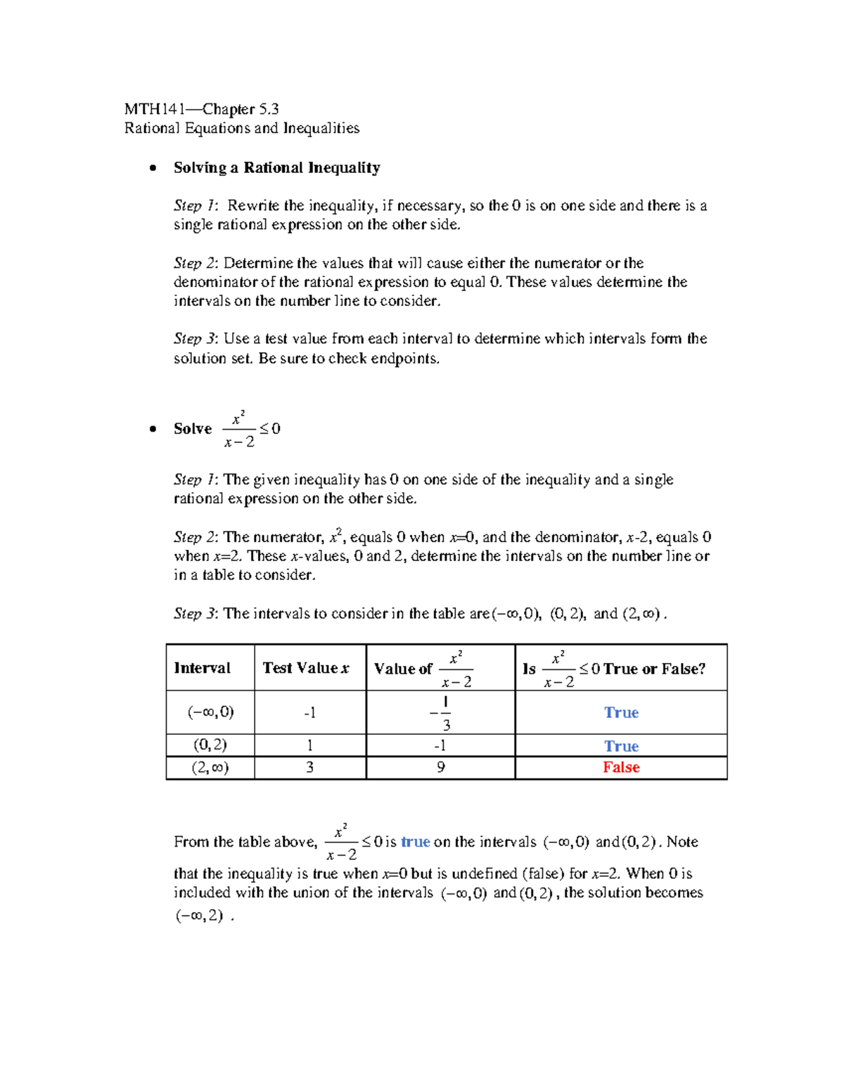 MTH141 5.3 Notes - Rational Equations and Inequalities (Take note on ...