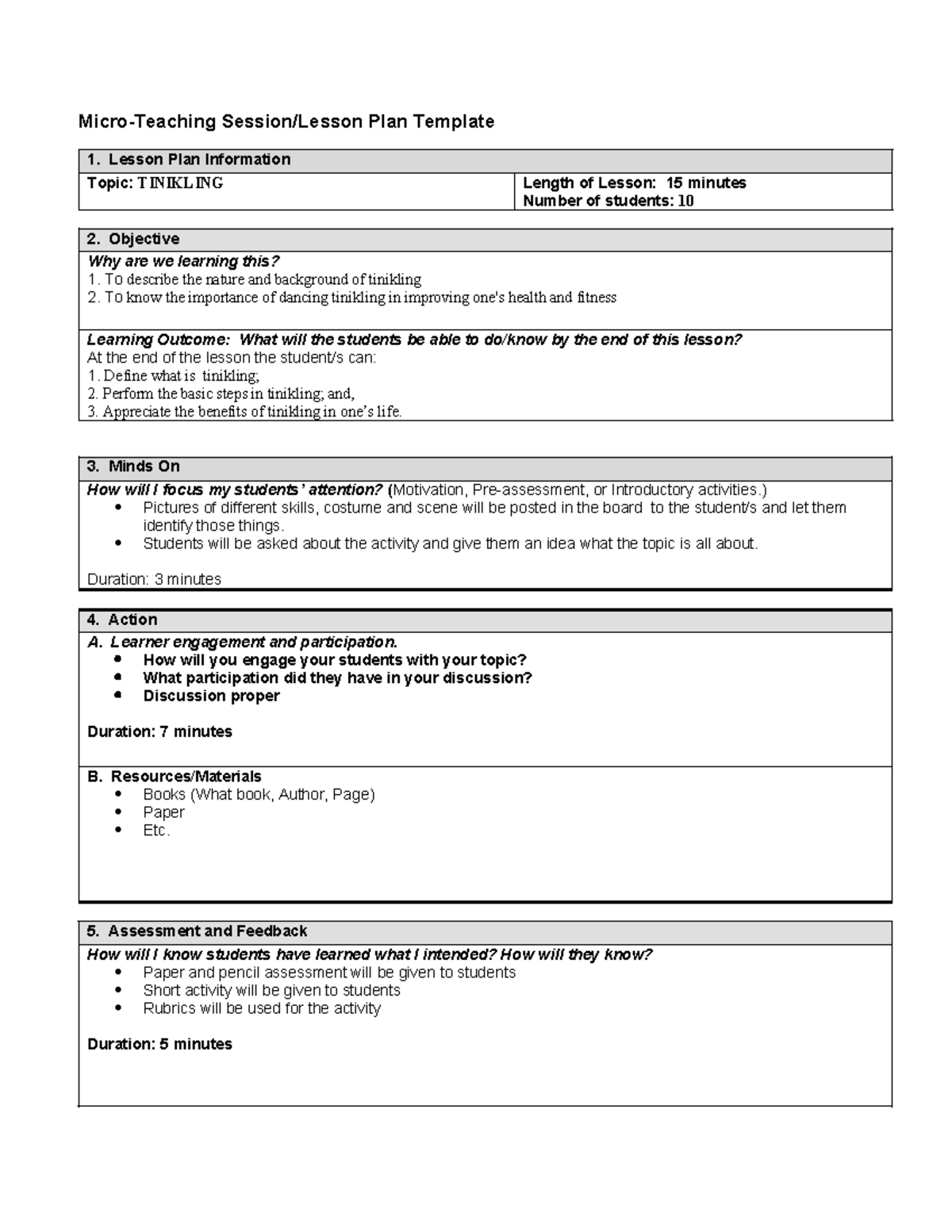 MY Micro Teaching LP - Micro-Teaching Session/Lesson Plan Template ...