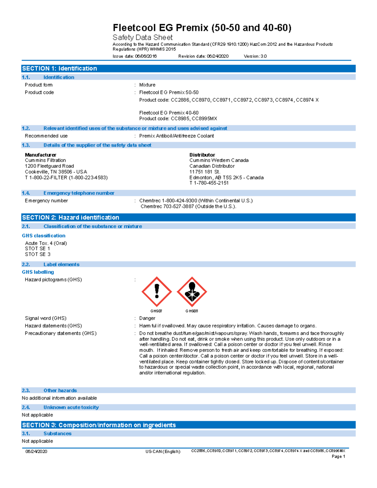 MSDS Fleetcoot EG Premix 5050 - Safety Data Sheet According to the Hazard Communication Standard ...