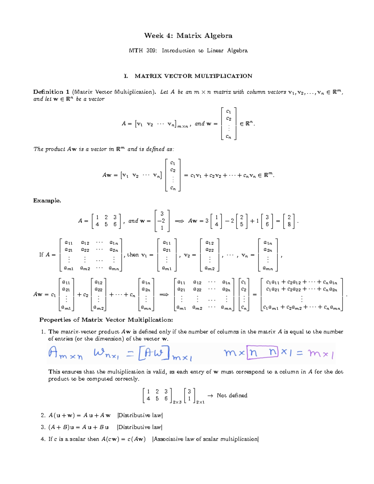 Week4 LN - more lecture - Week 4: Matrix Algebra MTH 309: Introduction ...