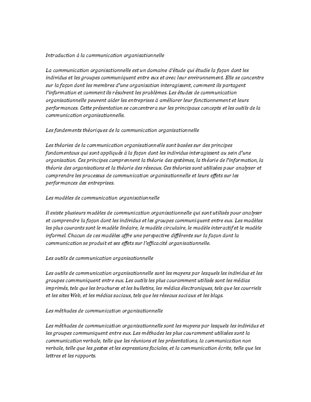 Organizational Communication note study - Introduction à la ...