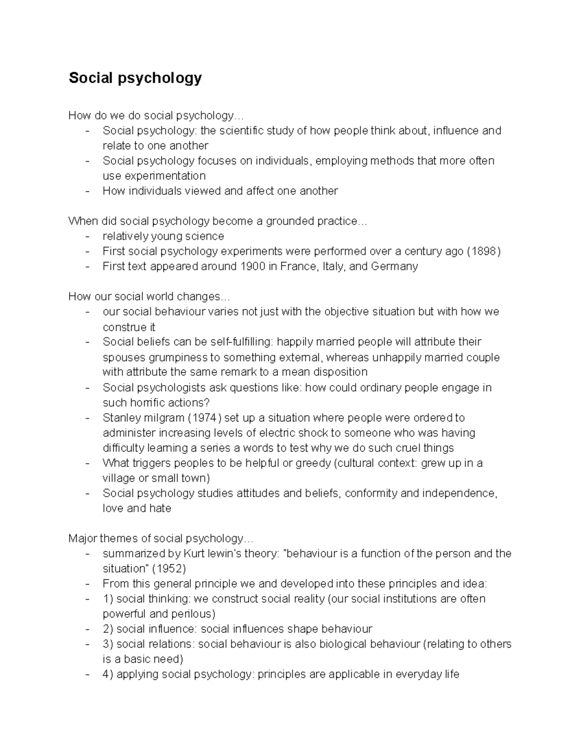 social psychology lecture 1 notes - Social psychology How do we do ...