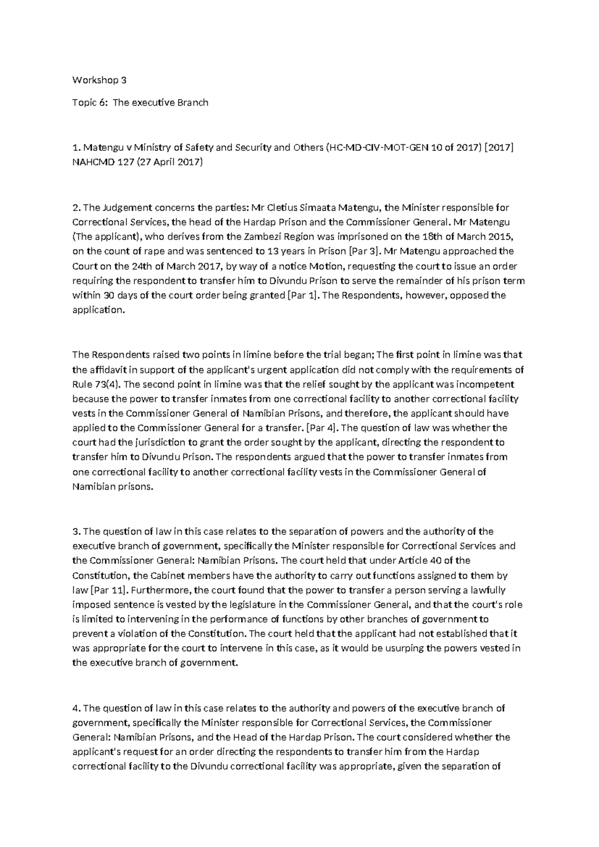 Workshop 3 - case summary , with facts , legal issue , courts decision ...