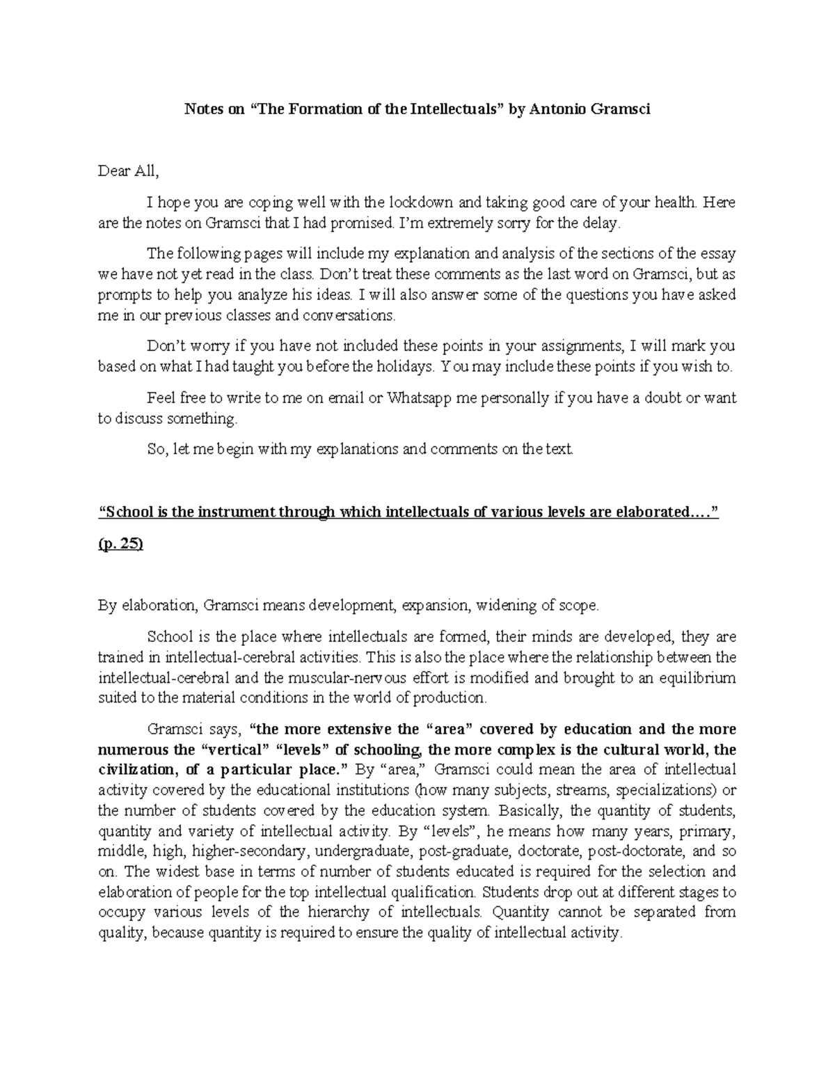 PDs Notes on Gramsci Formation of Intellectuals - Notes on “The ...