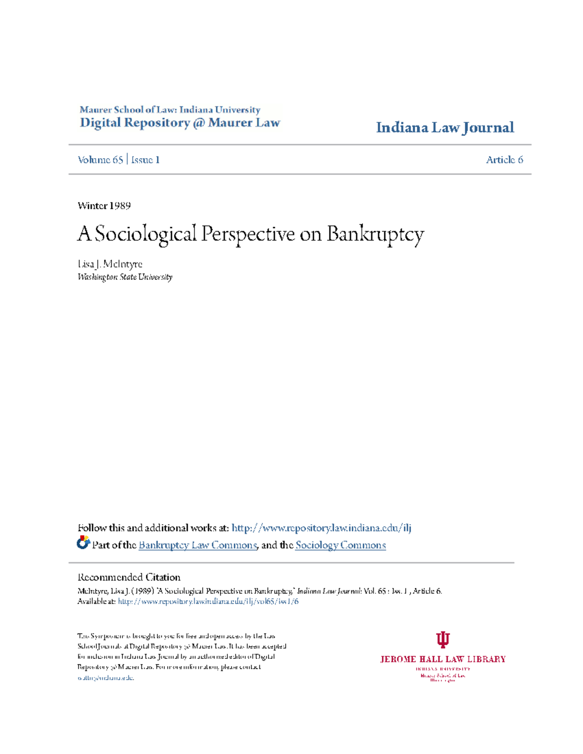 A Sociological Perspective on Bankruptcy ( PDFDrive ) - Indiana Law Journal Volume 65 | Issue 1 ...