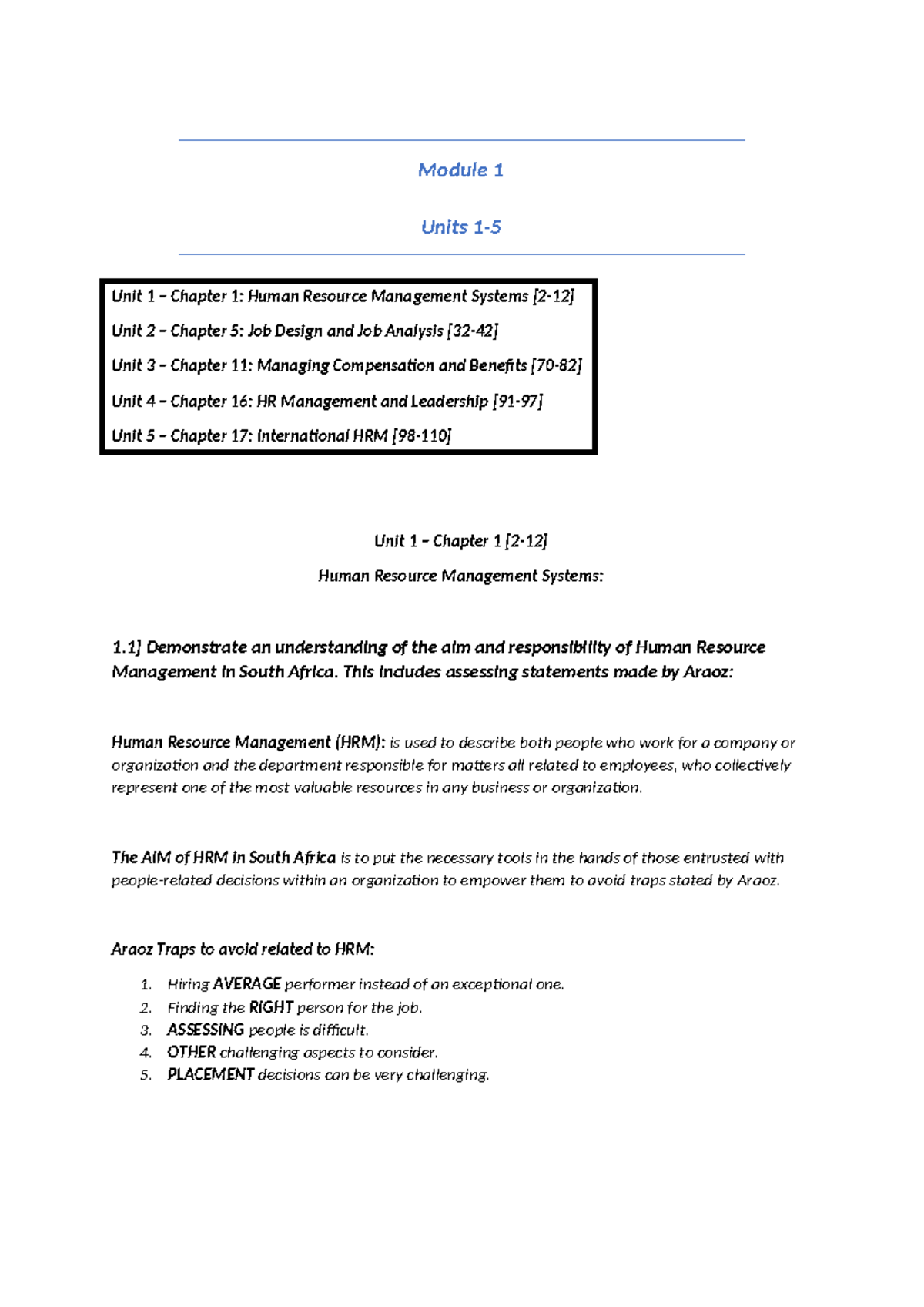 Module 1 Summary Module 1 Units 1 Unit 1 Chapter 1 Human Resource