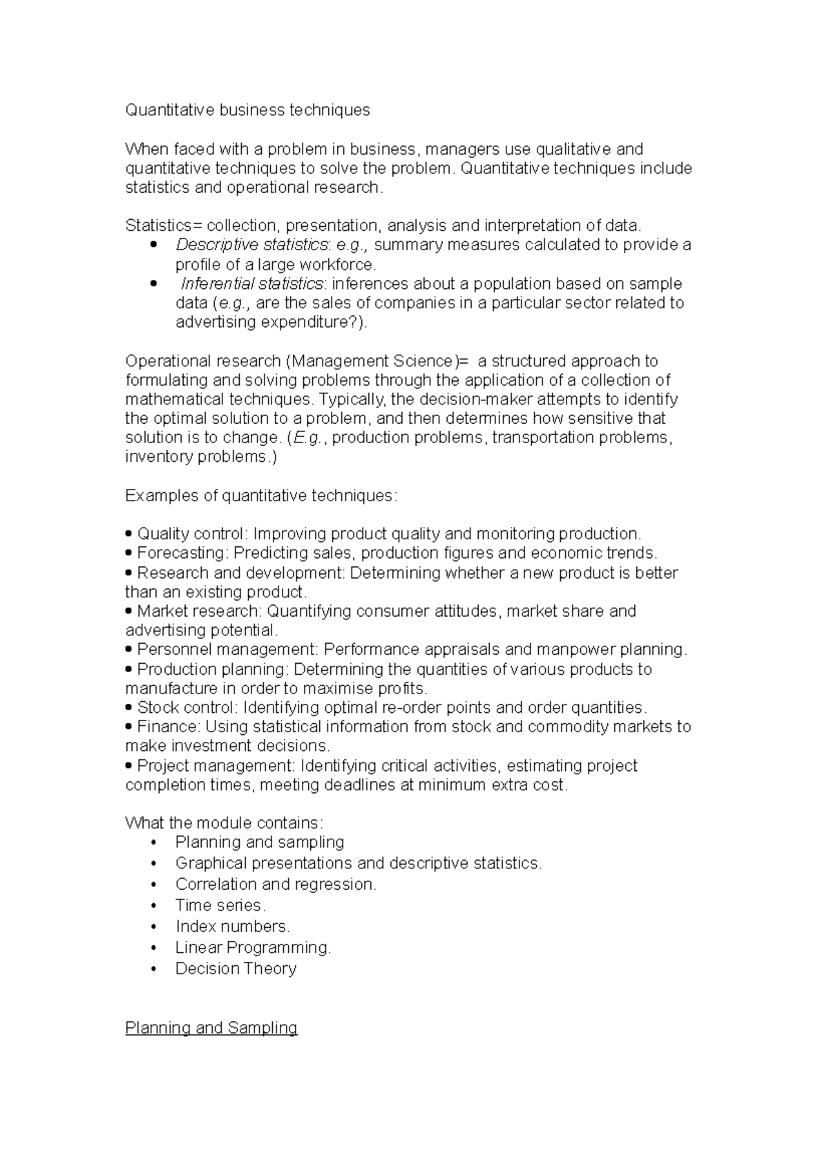 Lecture 1 - Quantitative business techniques When faced with a problem ...