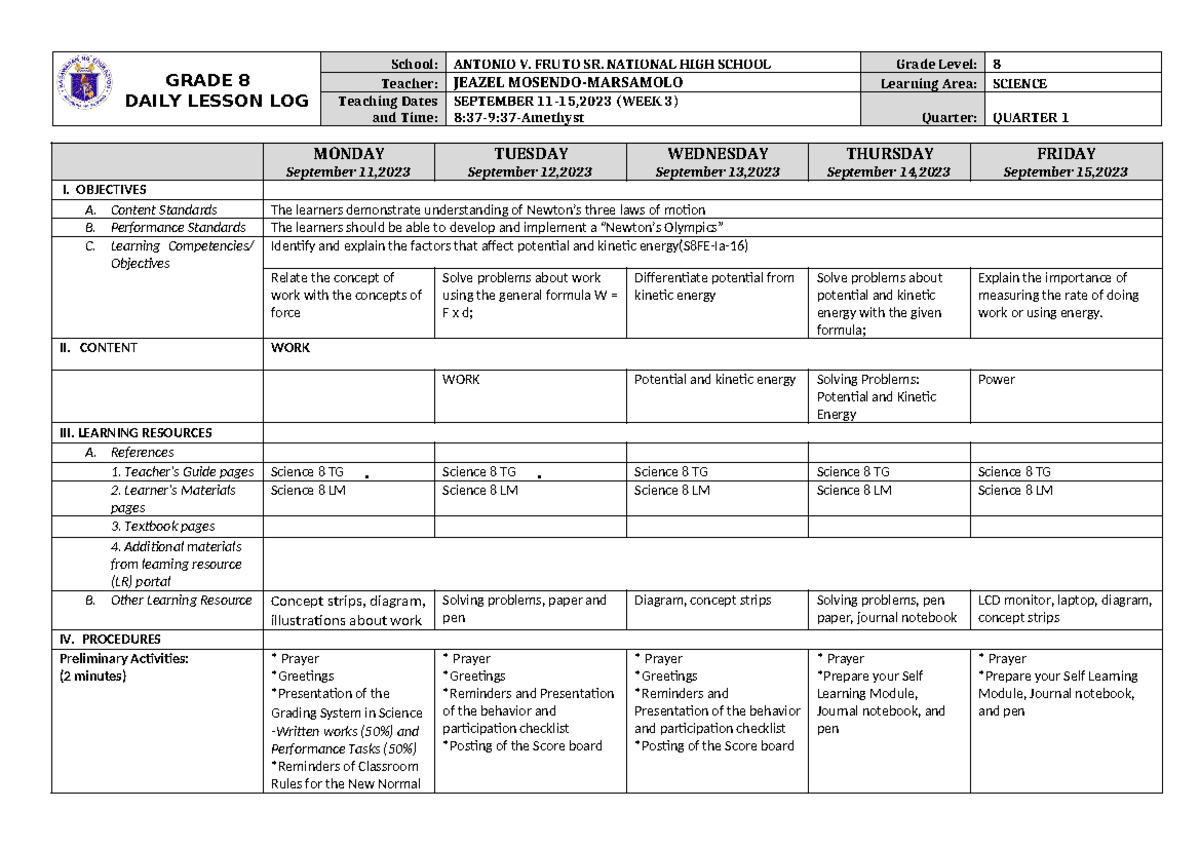 First quarter dll week 3 - GRADE 8 DAILY LESSON LOG School: ANTONIO V ...