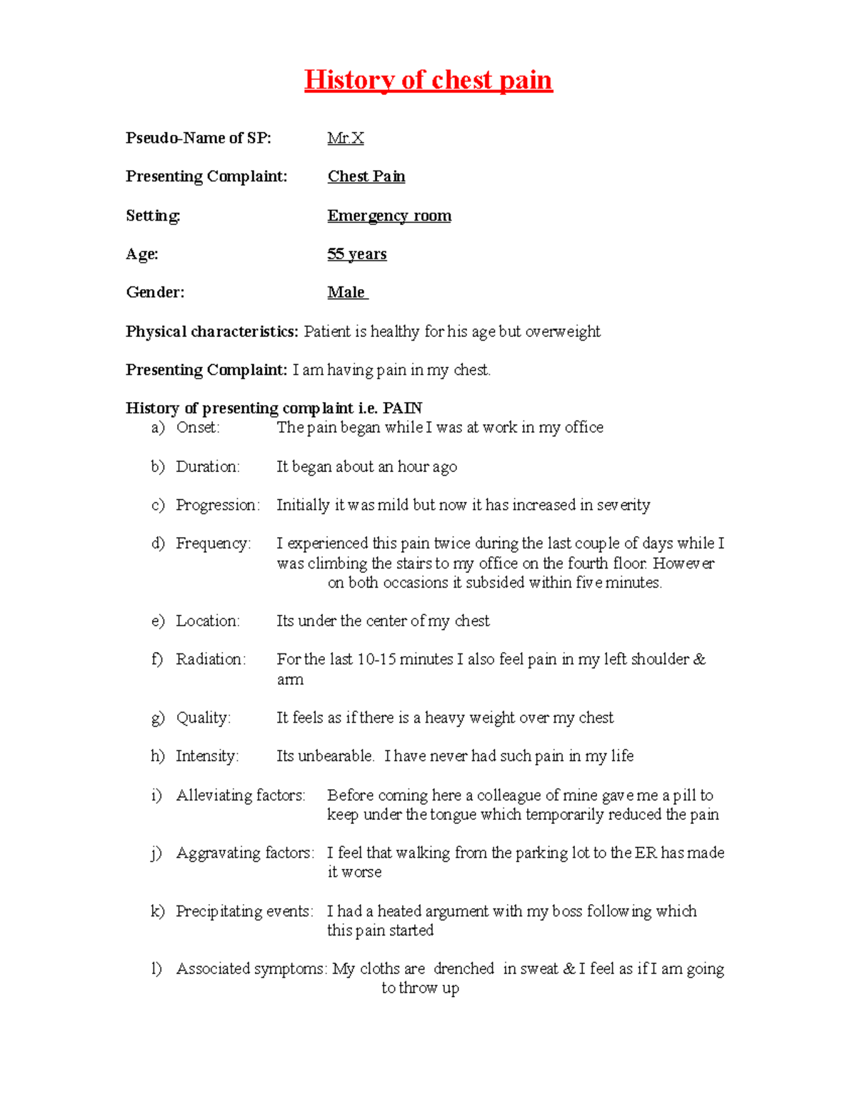 History of Chest Pain - Lecture notes 2 - History of chest pain of SP ...