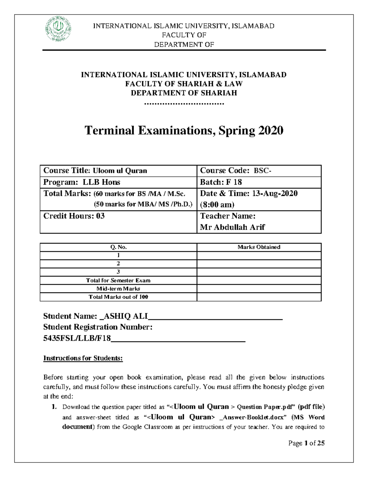 Uloom ul Quran Answer Sheet - FACULTY OF DEPARTMENT OF INTERNATIONAL ...