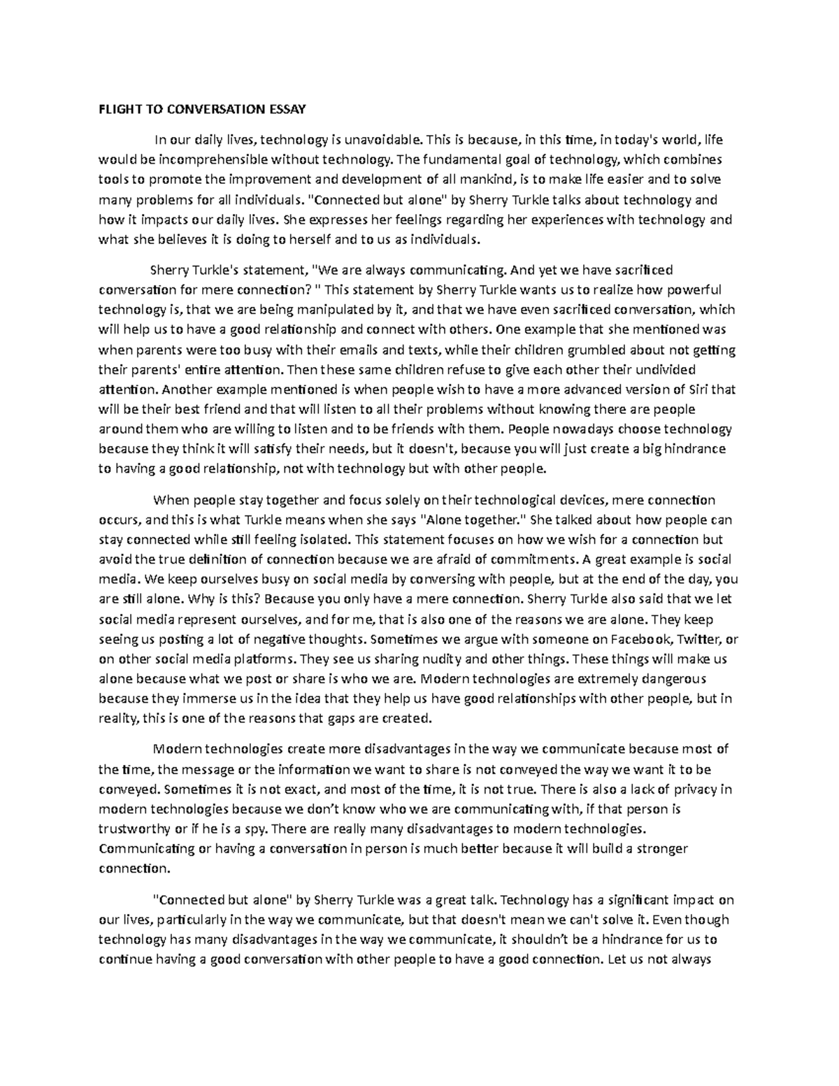 Q199 Prelim Flight TO Conversation Essay - FLIGHT TO CONVERSATION ESSAY ...