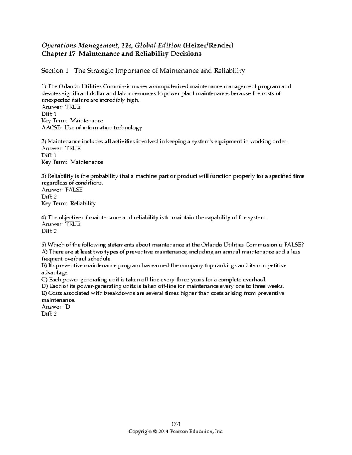 Hr om11 tif ch17 GE - om testbank - Operations Management, 11e, Global ...