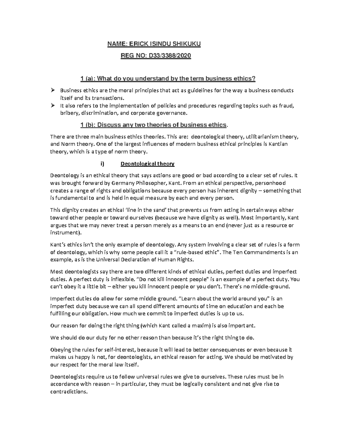 Question ONE ASSIGNMENT - NAME: ERICK ISINDU SHIKUKU REG NO: D33/3388/ ...