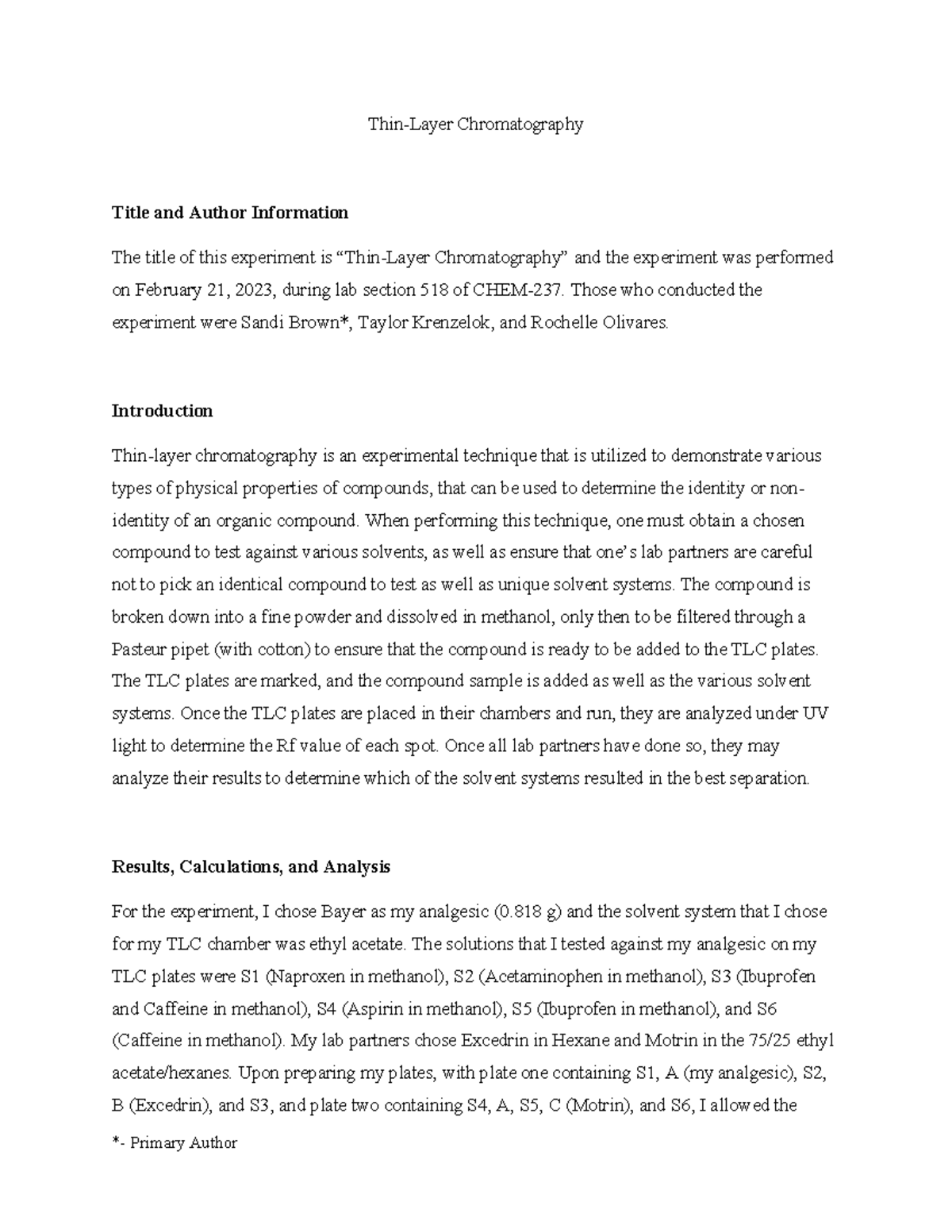 Thin-Layer Chromatography Lab Report - *- Primary Author Thin-Layer ...