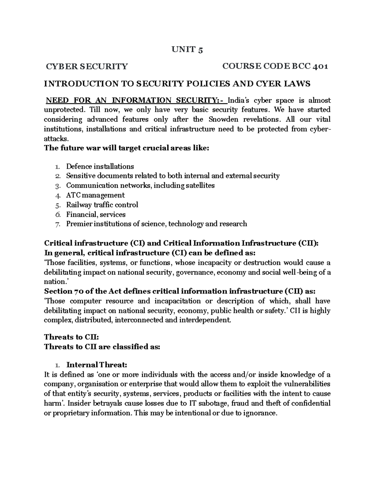 Unit 5 college - unit 5 cyber security - UNIT 5 CYBER SECURITY INTRODUCTION TO SECURITY POLICIES ...