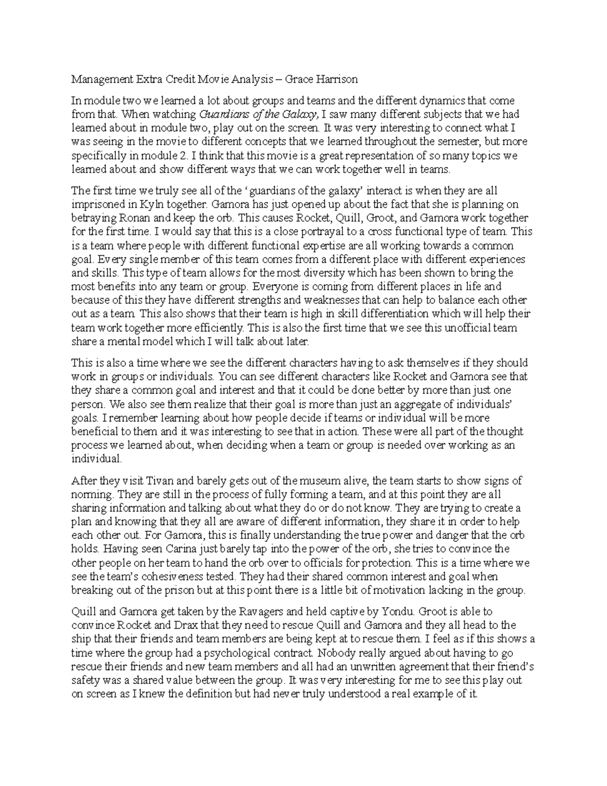 Management Extra Credit Movie Analysis - When watching Guardians of the ...