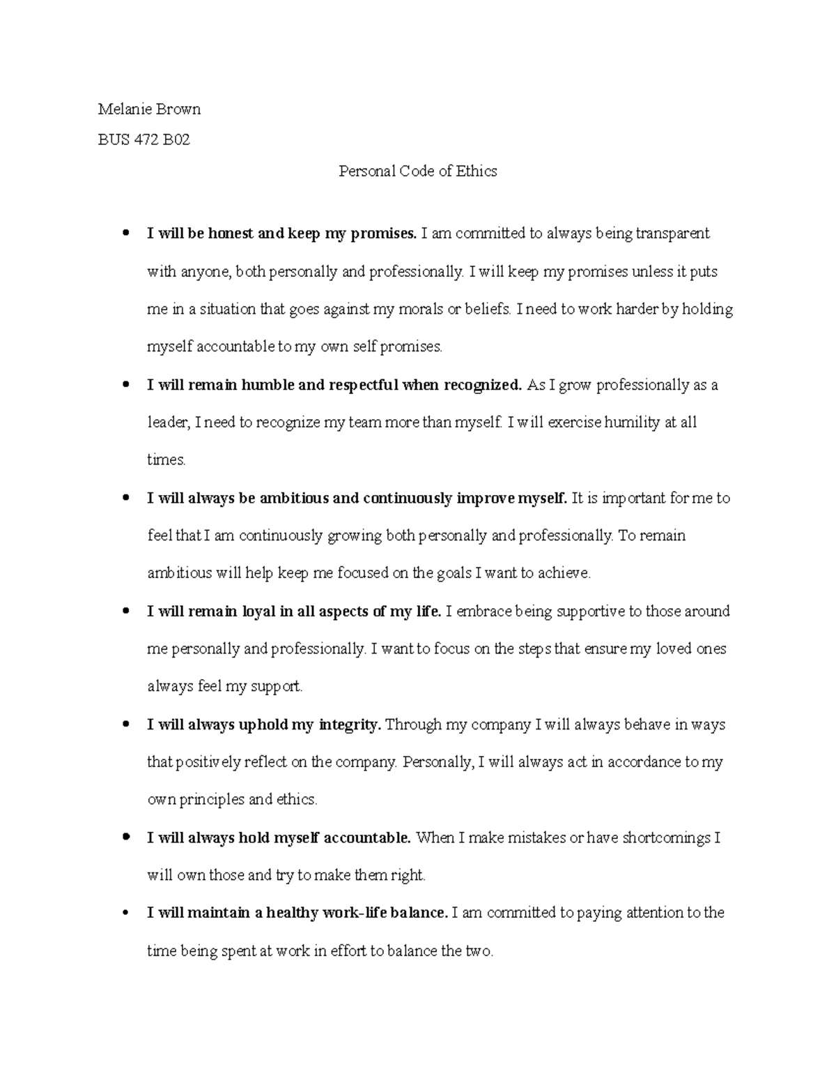 BUS 472 Personal Codeof Ethics - Melanie Brown BUS 472 B Personal Code ...
