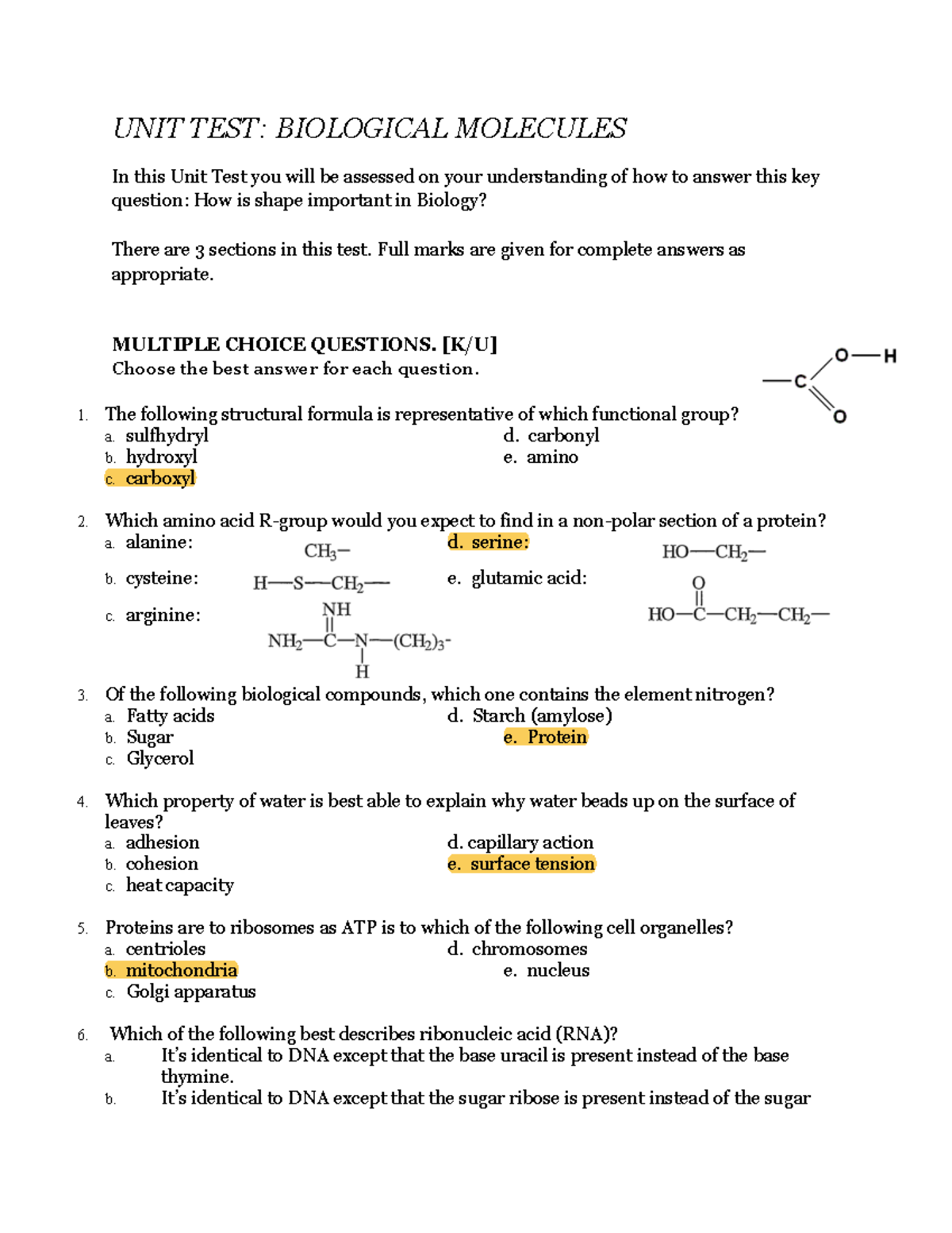 Unit 1 Check in SBI4U - UNIT TEST: BIOLOGICAL MOLECULES In this Unit ...