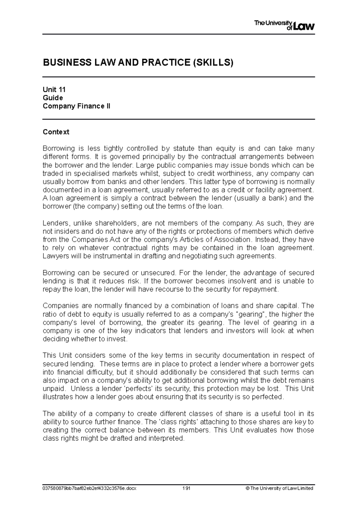 Workshop 11 Company Finance II - BUSINESS LAW AND PRACTICE (SKILLS ...