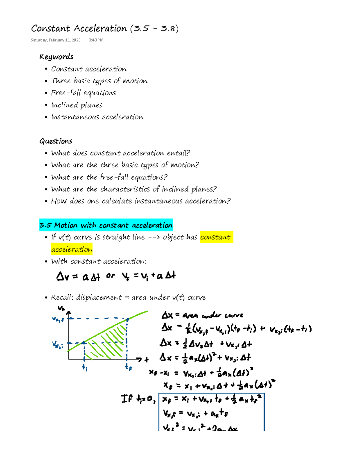 Constant Acceleration: 3.5 - 3.8 - Keywords - Constant acceleration - Three basic types of ...