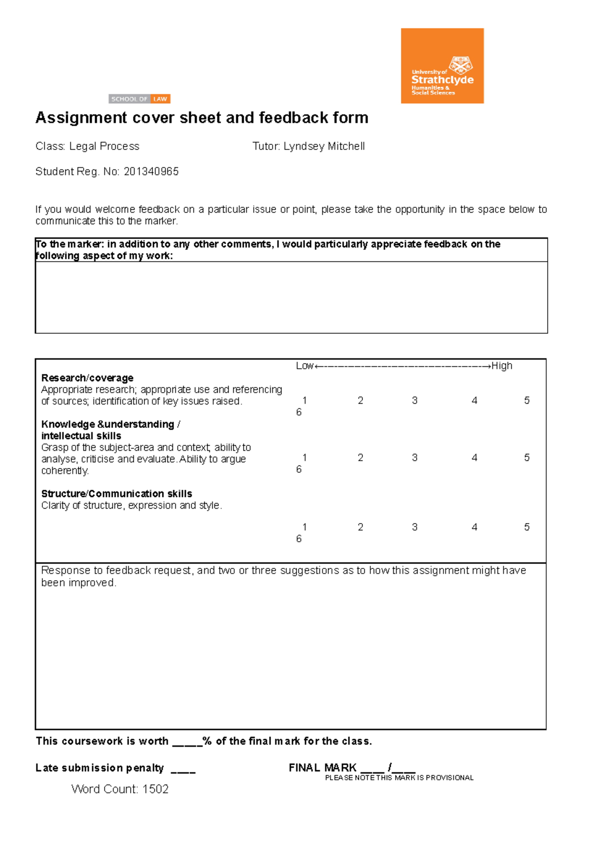 Assignment - legal process - Assignment cover sheet and feedback form ...