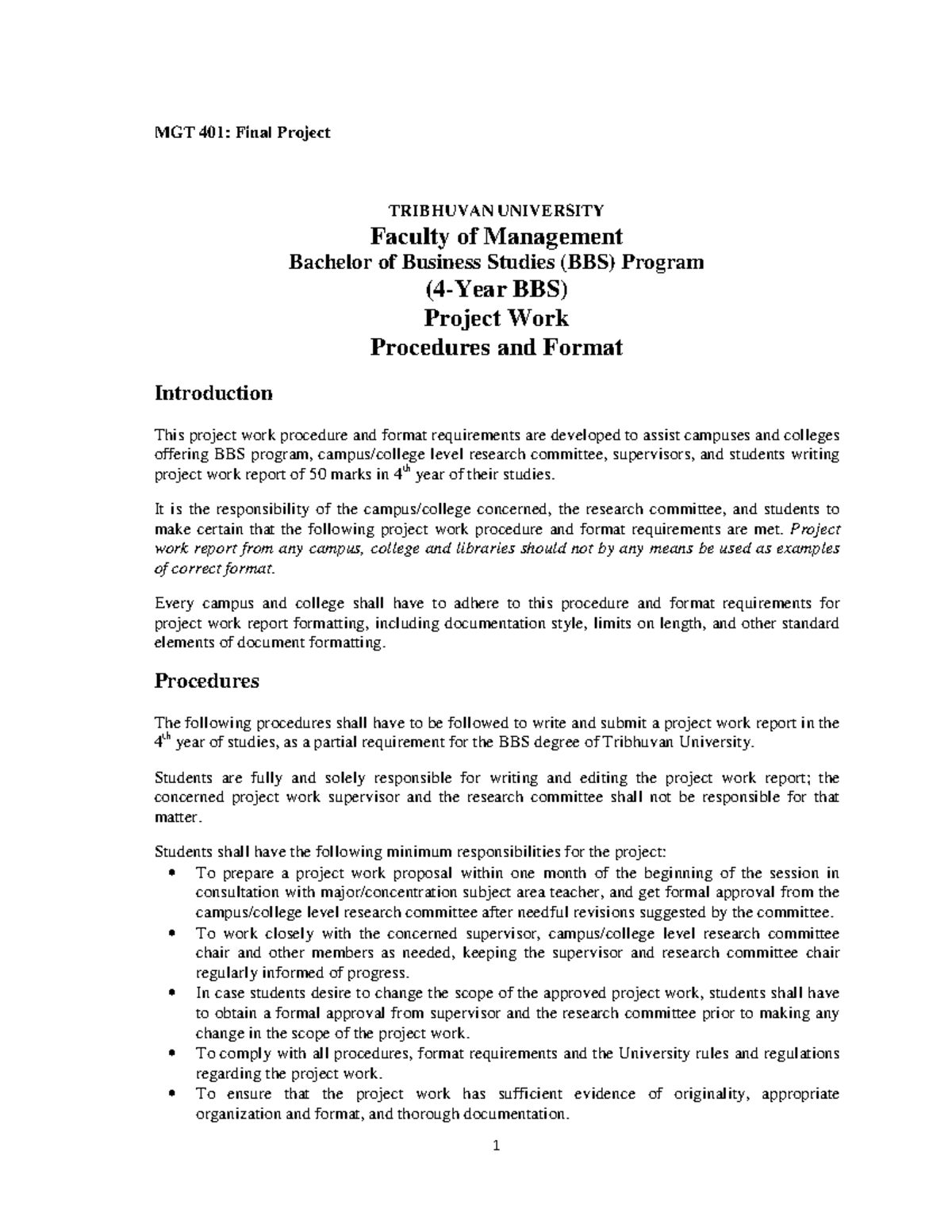 4 Year BBS Project Procedures-Format-1 - MGT 401: Final Project ...